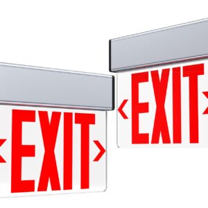 LED Edge Lit Exit Sign Aluminum Housing AC 120-347V Emergency Exit Light with Battery Backup Single Sided Acrylic Clear Panel Commercial Exit Signs, Top/Side/Wall Mount, UL Certified (2 Pack, Red)