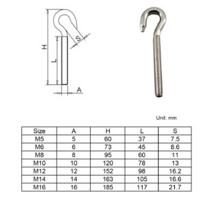 6Pcs Stainless Steel M10 Eye Bolt Long Shank Threaded Rod Round Hook Eyelet Bolt Screw