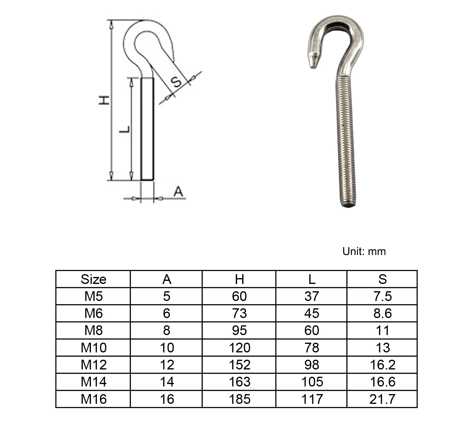 6Pcs Stainless Steel M10 Eye Bolt Long Shank Threaded Rod Round Hook Eyelet Bolt Screw