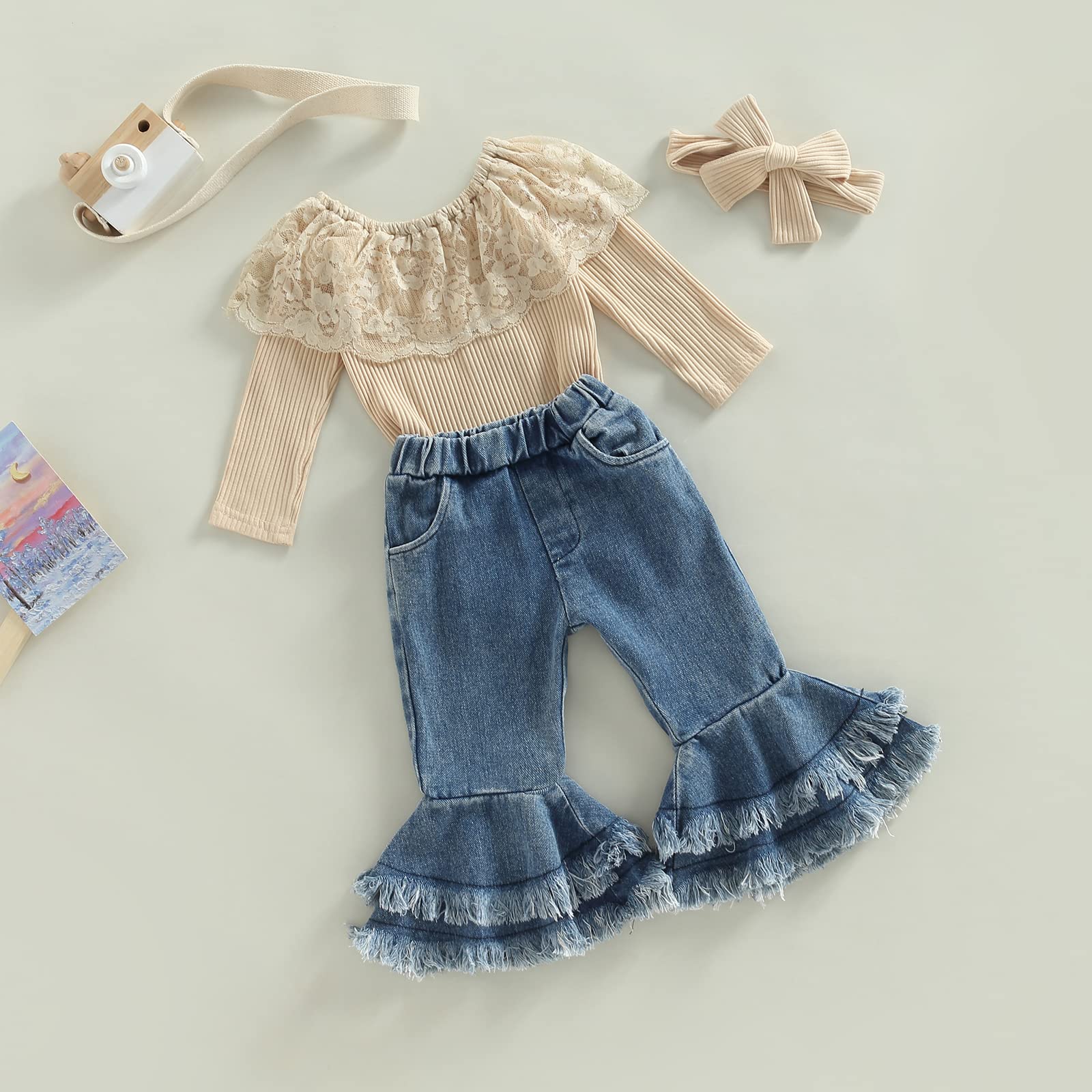 wybzd Baby Girl Outfit Infant Rib Ruffle Long Sleeve Romper Onesie Top Bell-Bottom Denim Pants Sets Cute Clothes (Beige,3-6 Months)