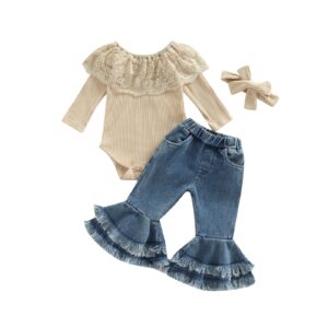 wybzd baby girl outfit infant rib ruffle long sleeve romper onesie top bell-bottom denim pants sets cute clothes (beige,3-6 months)