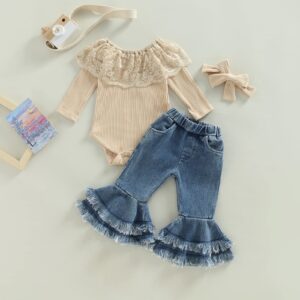 wybzd Baby Girl Outfit Infant Rib Ruffle Long Sleeve Romper Onesie Top Bell-Bottom Denim Pants Sets Cute Clothes (Beige,3-6 Months)