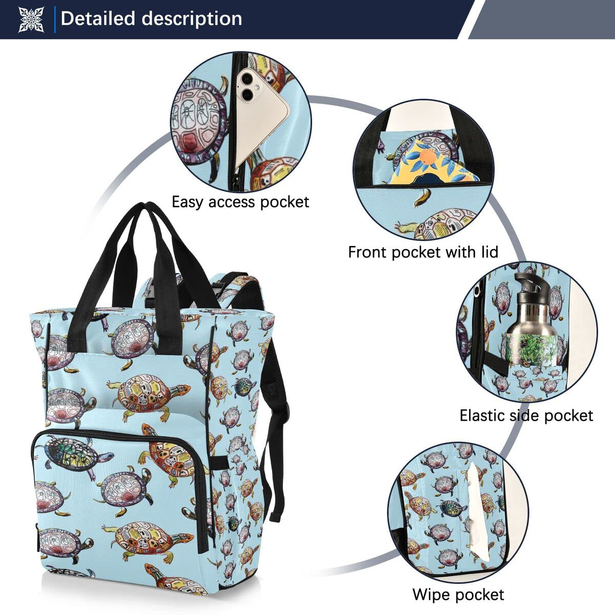 ALAZA Watercolor Sea Turtle Blue Diaper Bag Backpack Multifunction Travel Back Pack Large Capacity Bag