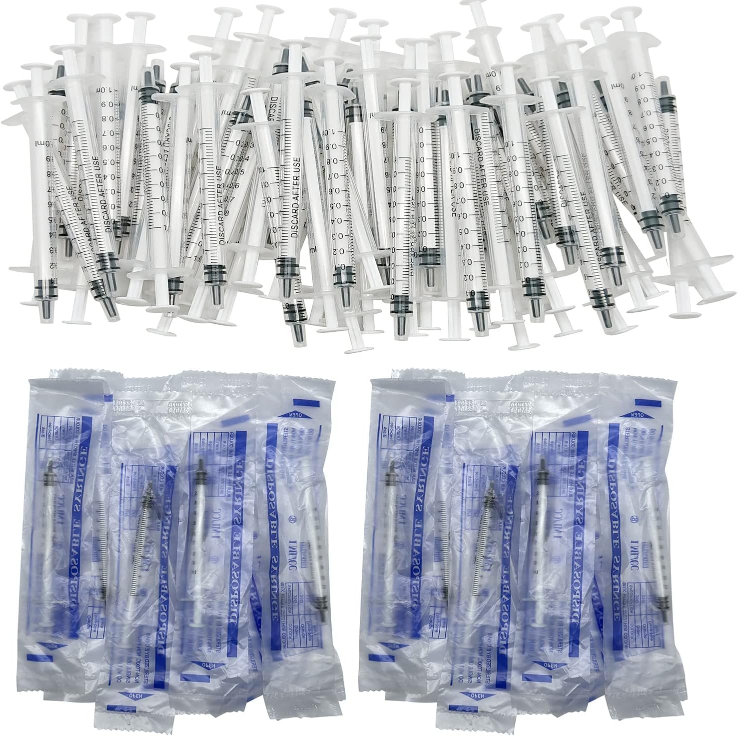 50 Pcs 1ml 1cc Syringe No Needle Plastic Syringe Individually Sealed for Pets Oral, Refilling, Oil or Glue Applicator, Measuring or Transfering Tiny Amount of Liquids, Without Cap