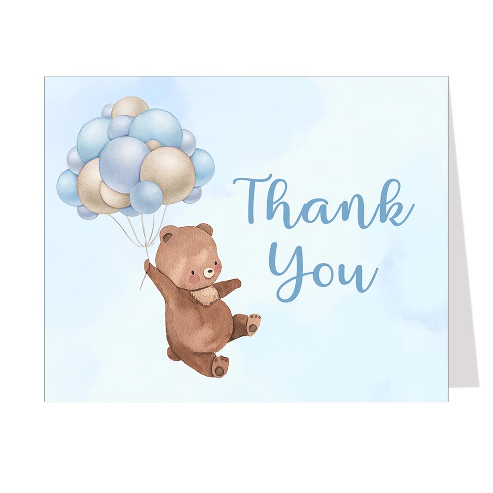 The Invite Lady Bear Baby Shower Thank You Cards Watercolor Bearly Wait Teddy Bear Blue Boy Woodland Forest Balloons Unisex Gender Neutral Printed Cards (24 Count)