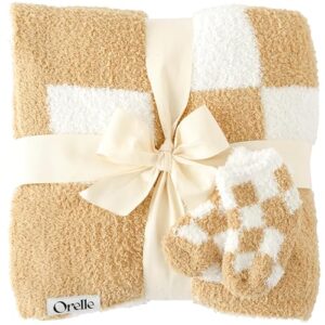 orelle checkered baby blanket and socks set | brown