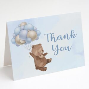 The Invite Lady Bear Baby Shower Thank You Cards Watercolor Bearly Wait Teddy Bear Blue Boy Woodland Forest Balloons Unisex Gender Neutral Printed Cards (24 Count)