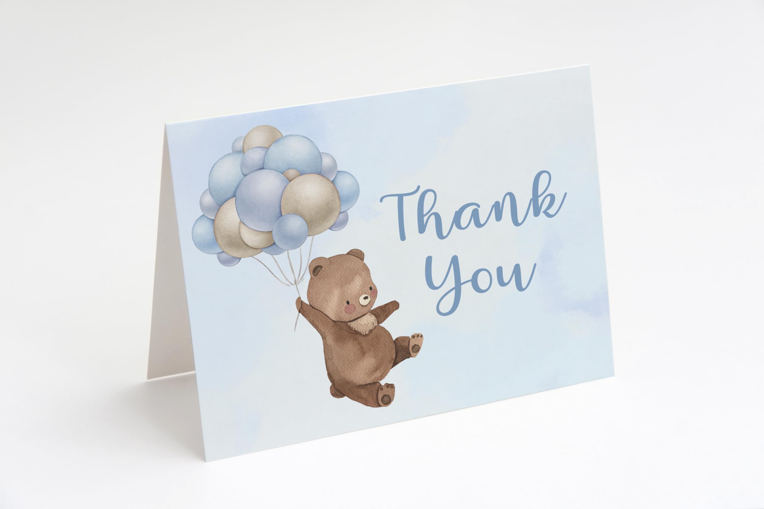 The Invite Lady Bear Baby Shower Thank You Cards Watercolor Bearly Wait Teddy Bear Blue Boy Woodland Forest Balloons Unisex Gender Neutral Printed Cards (24 Count)