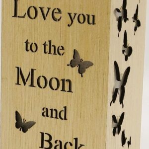 UNIDECO Wooden Butterfly Décor for Bedroom - 8.0 Inch Wood I Love You to The Moon and Back - Battery Powered Cordless Nite Lite - LED Operated Lights - Accent Night Lamp - Butterflies Gifts