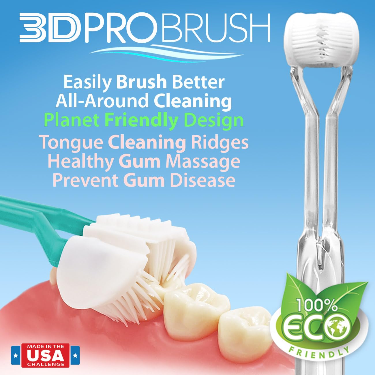 3D PRO BRUSH | NEW Crystal Clear 3-Sided Toothbrush | 3X Triple Clean + Soft Gum Massage | Built-In Tongue Scraper | Sustainable Eco-Friendly Design | Kids Adults Braces Travel | MADE IN USA