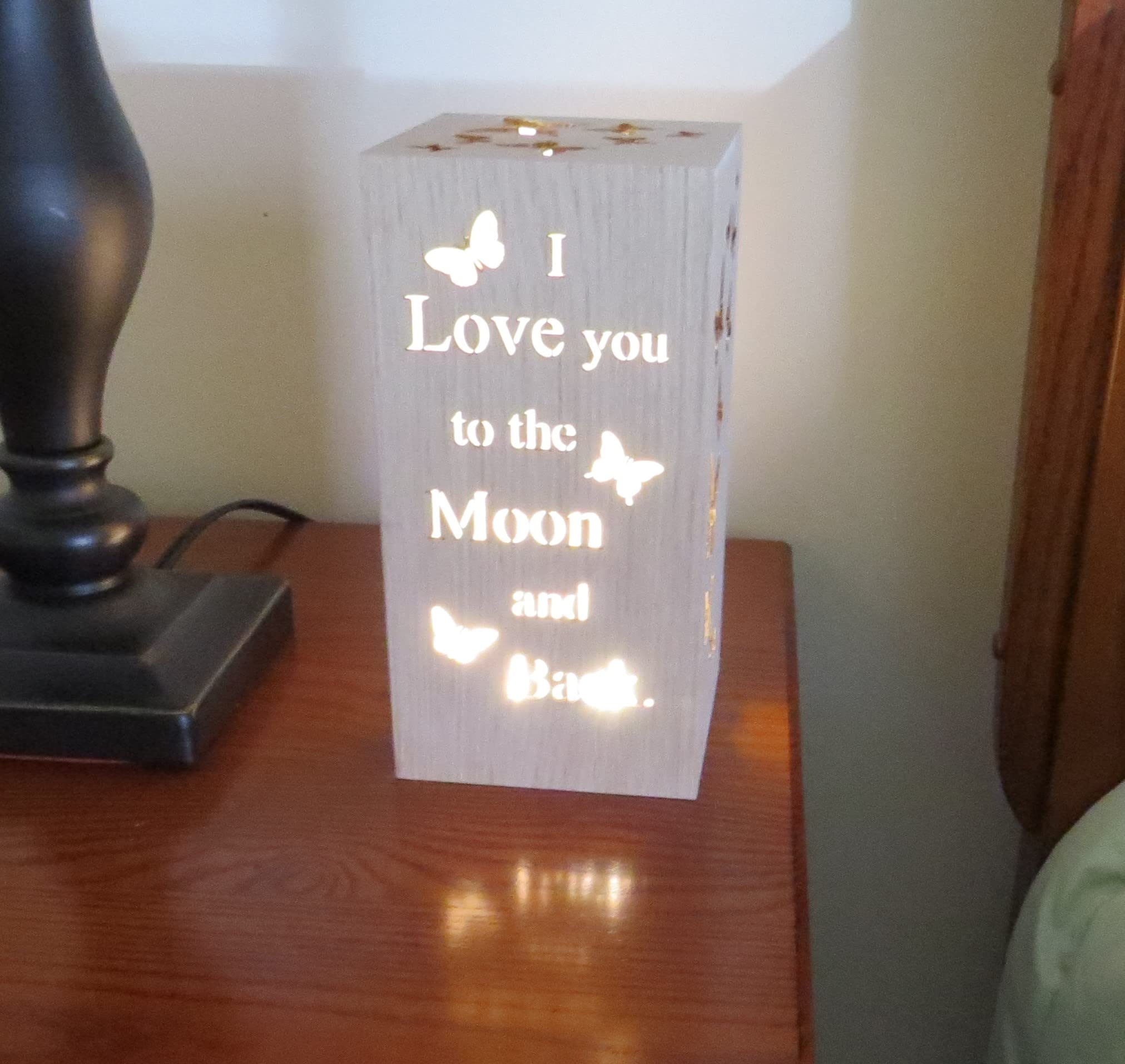 UNIDECO Wooden Butterfly Décor for Bedroom - 8.0 Inch Wood I Love You to The Moon and Back - Battery Powered Cordless Nite Lite - LED Operated Lights - Accent Night Lamp - Butterflies Gifts