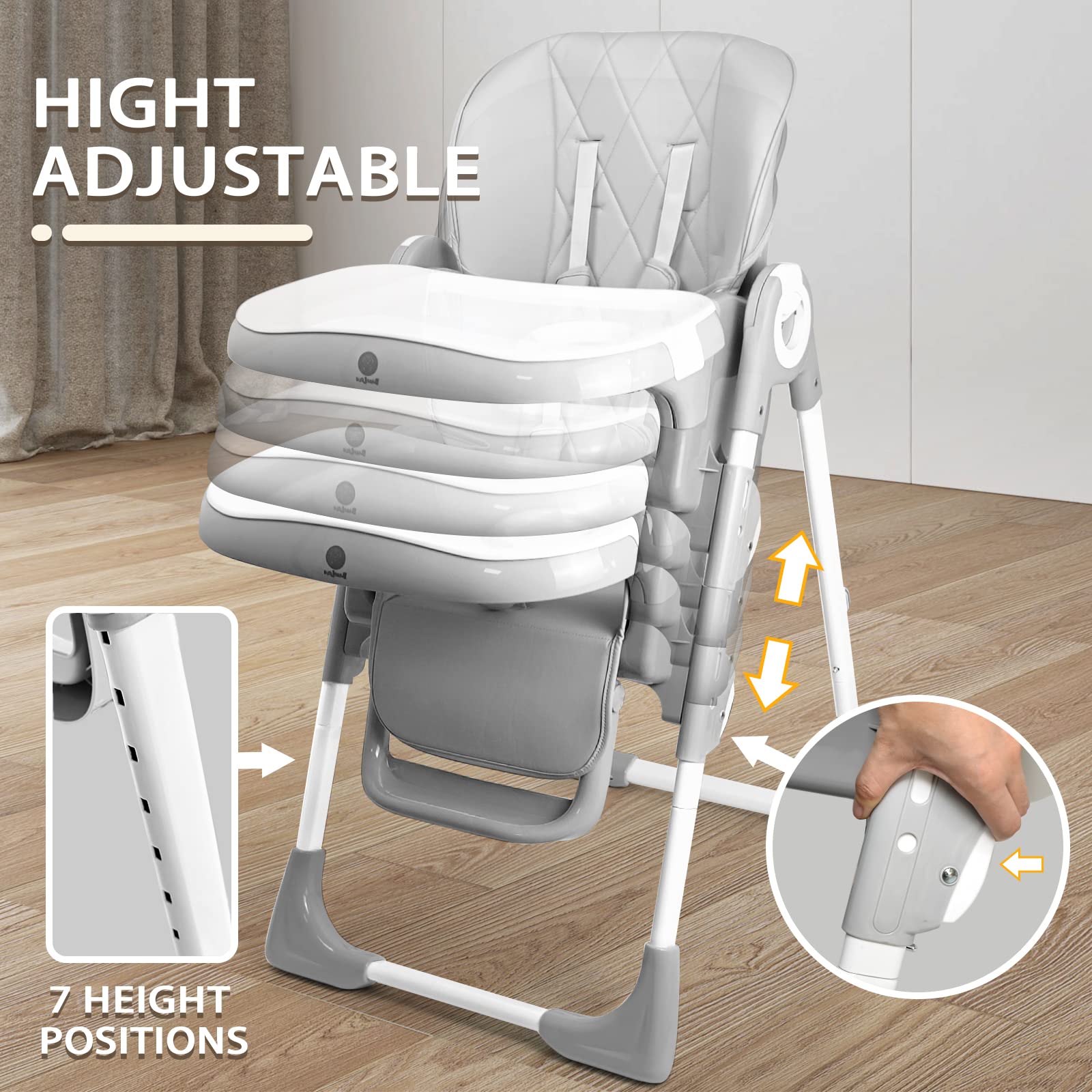 Babilous 4 in 1 Baby High Chair Foldable Booster Seats, Portable and Compact Adjustable High Babychair for Babies and Toddlers - Multiple Heights and Positions (Grey)