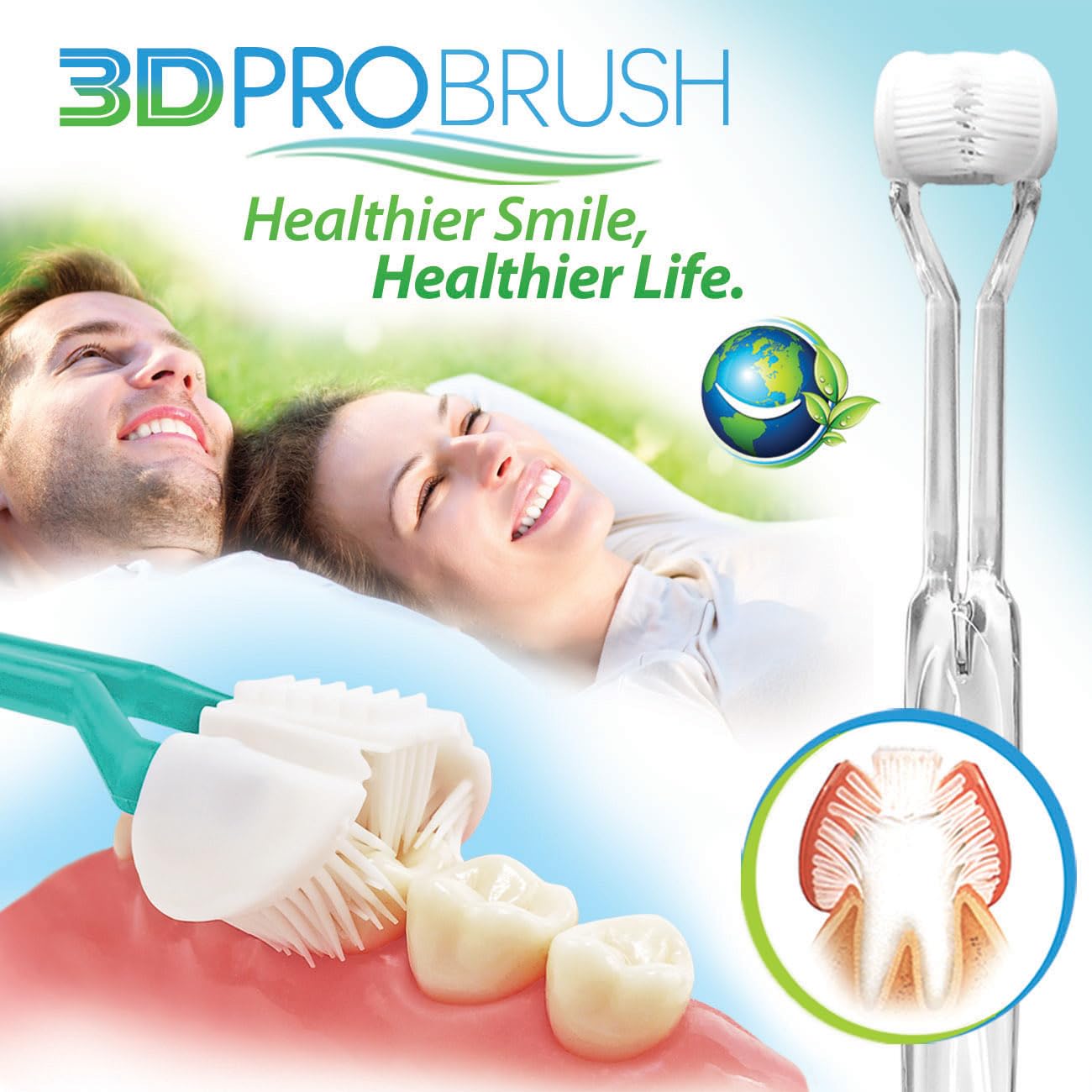 3D PRO BRUSH | NEW Crystal Clear 3-Sided Toothbrush | 3X Triple Clean + Soft Gum Massage | Built-In Tongue Scraper | Sustainable Eco-Friendly Design | Kids Adults Braces Travel | MADE IN USA