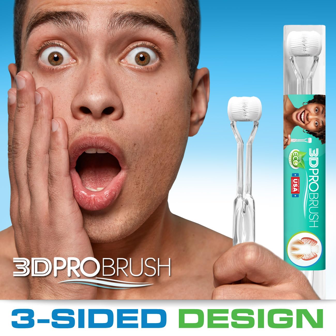 3D PRO BRUSH | NEW Crystal Clear 3-Sided Toothbrush | 3X Triple Clean + Soft Gum Massage | Built-In Tongue Scraper | Sustainable Eco-Friendly Design | Kids Adults Braces Travel | MADE IN USA