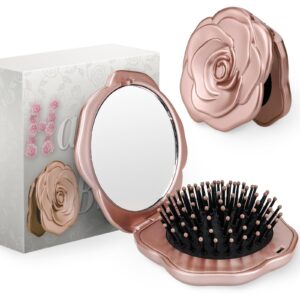 travel folding hair brush, roses mini pocket mirror brush easy to carry for small spaces nylon brush/comb/hairbrush for women men's any hairstyles hair and beards wet dry hair restore shine