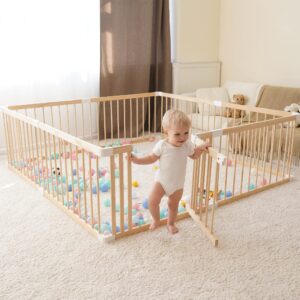 wooden baby gate & baby playpen play yards for babies and toddlers, large baby fence with locking gate activity center, toddler fence play area indoor(79 * 71 * 24inch)