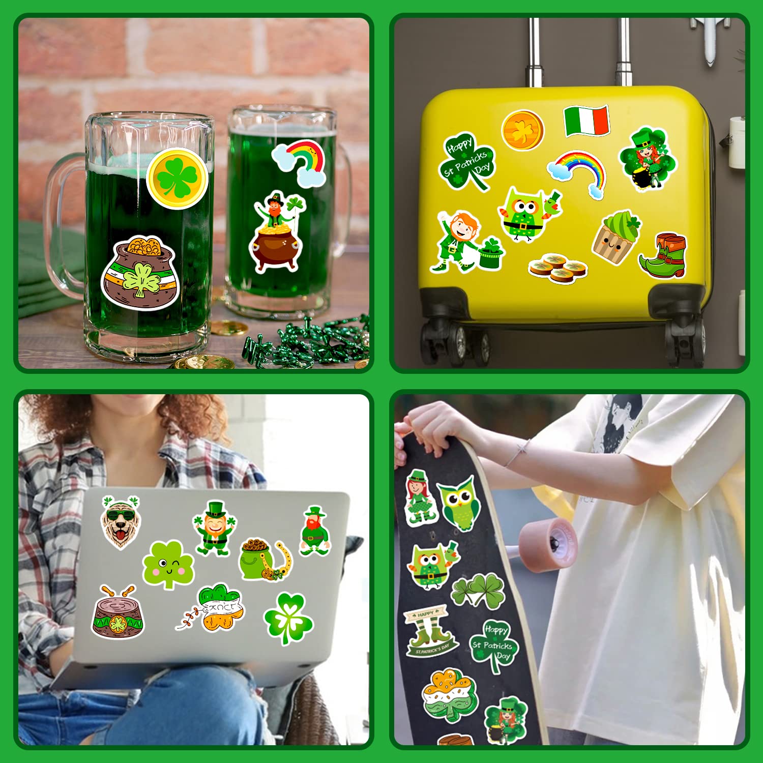 Celaza 200pcs St.Patricks Stickers, Self-Adhesive Stickers with Shamrocks Clover Gold Coin Sticker, St.Patricks Day Goodie Bags Fillers for Kids Wraps Decorations Ornaments