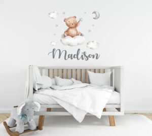 custom name teddy bear clouds, moon and start wall decal - watercolor teddy bear wall decal - teddy bear wall stickers - baby boy & girls wall decal for nursery bedroom playroom decoration