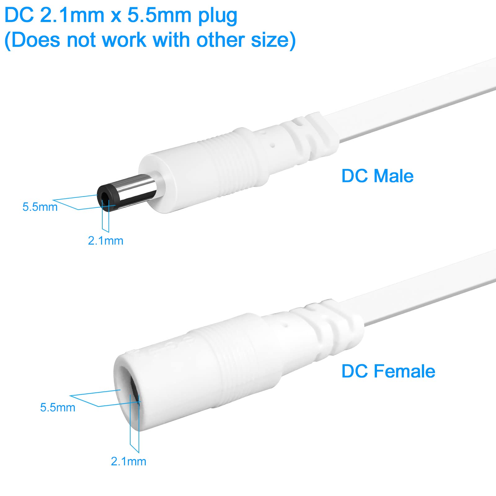 WILDHD DC Power Extension Cable 10ft 2.1mm×5.5mm,Universal 12v Power Extension Cable for CCTV Security Camera IP WiFi Camera Standalone DVR (10ft,Flat Body, White)