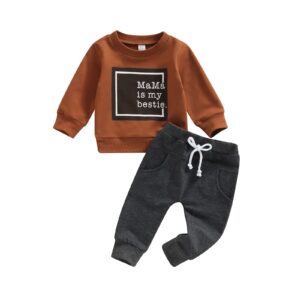 toddler baby boy clothes solid color long sleeve crewneck sweatshirt top casual pants set 2pcs fall winter outfits (mama is my bestie- brown & grey, 18-24 months)