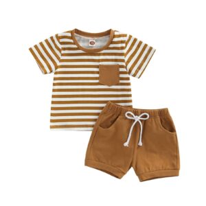 visgogo baby boys summer outfits set short sleeve striped t-shirt tops + solid color short pants 6 12 18 24 months 2t 3t (a-brown, 2-3 years)