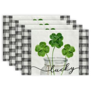 arkeny st patricks day placemats 12x18 inches set of 4, green shamrock mason jar lucky spring seasonal farmhouse buffalo plaid burlap indoor kitchen dining table mat decorations for home party