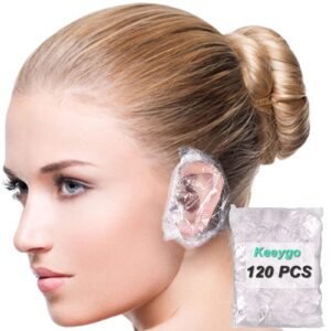 keeygo 120 pack disposable ear covers for shower, waterproof plastic ear shower caps, ear protectors for hair dye(13cm)