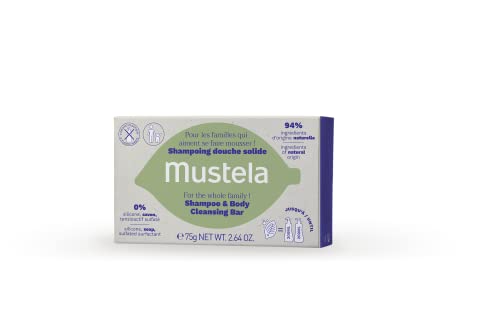 Mustela Solid Shampoo & Body Cleansing Bar for Baby, Kid & Adult - with Avocado Oil & Olive Oil - Fragrance-Free, Plastic-Free, Vegan & Biodegradable Formula - 2.64 oz.