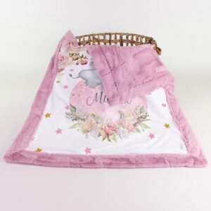 LIFESTYLE BLANKETS Personalized Baby Blankets for Girls with Pink Floral Stars - Custom Elephant Baby Blanket Can be Added to Baby Registry Search and Makes a Great Gift for a New Mom.