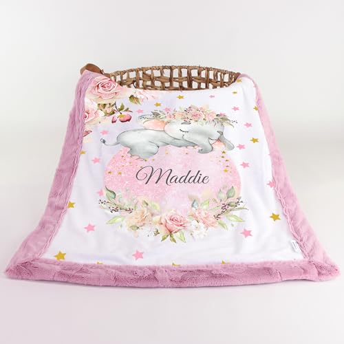 LIFESTYLE BLANKETS Personalized Baby Blankets for Girls with Pink Floral Stars - Custom Elephant Baby Blanket Can be Added to Baby Registry Search and Makes a Great Gift for a New Mom.