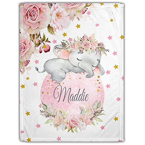 LIFESTYLE BLANKETS Personalized Baby Blankets for Girls with Pink Floral Stars - Custom Elephant Baby Blanket Can be Added to Baby Registry Search and Makes a Great Gift for a New Mom.