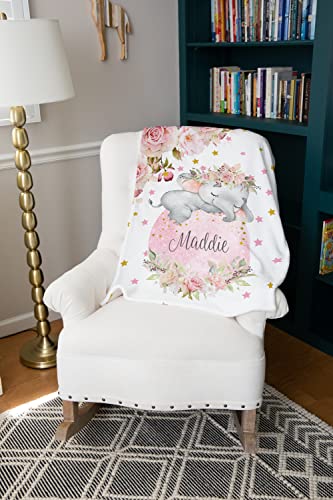 LIFESTYLE BLANKETS Personalized Baby Blankets for Girls with Pink Floral Stars - Custom Elephant Baby Blanket Can be Added to Baby Registry Search and Makes a Great Gift for a New Mom.