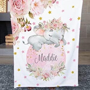 LIFESTYLE BLANKETS Personalized Baby Blankets for Girls with Pink Floral Stars - Custom Elephant Baby Blanket Can be Added to Baby Registry Search and Makes a Great Gift for a New Mom.