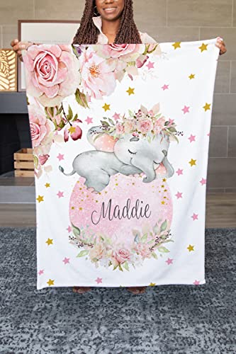 LIFESTYLE BLANKETS Personalized Baby Blankets for Girls with Pink Floral Stars - Custom Elephant Baby Blanket Can be Added to Baby Registry Search and Makes a Great Gift for a New Mom.