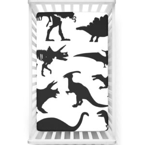 dinosaur themed fitted crib sheet,standard crib mattress fitted sheet soft toddler mattress sheet fitted-baby sheet for boys girls, 28“ x52“,white black