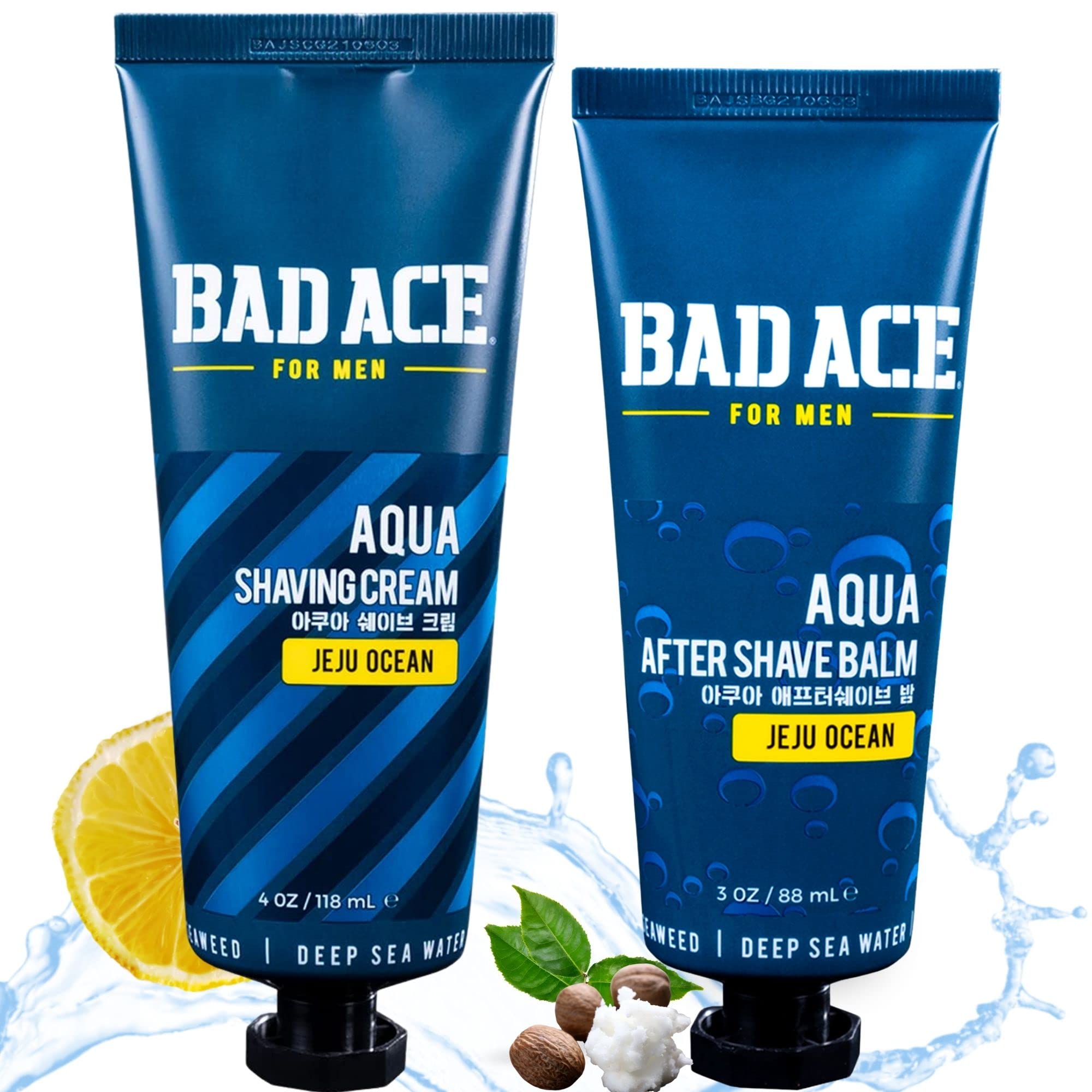 BAD ACE Aqua Bundle | Korean Skin Care for Men | Protects Skin from Razor Burn | Jeju Ocean Men's Shaving Cream (4 oz) & After Shave Balm for Men (3 oz)