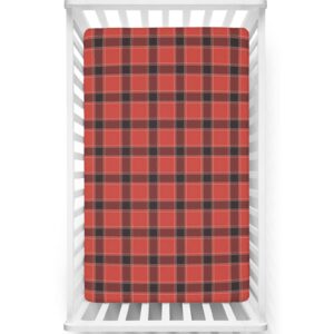 buffalo plaid themed fitted mini crib sheets,portable mini crib sheets soft and breathable bed sheets-baby crib sheets for girl or boy, 24“ x38“,charcoal grey and vermilion