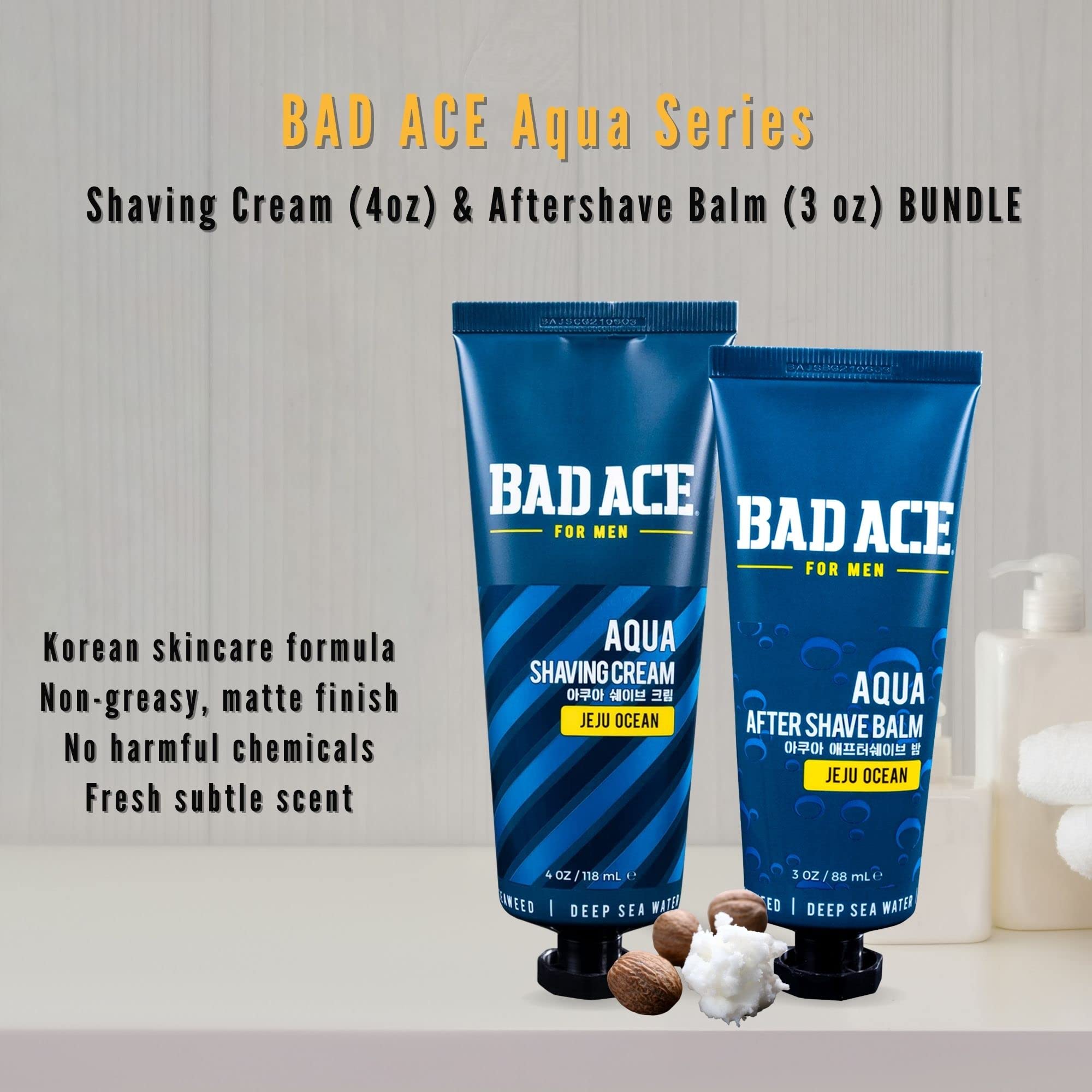 BAD ACE Aqua Bundle | Korean Skin Care for Men | Protects Skin from Razor Burn | Jeju Ocean Men's Shaving Cream (4 oz) & After Shave Balm for Men (3 oz)