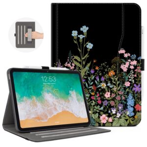 for ipad 10th generation case, for ipad case 10th generation 2022, for ipad 10th gen case 10.9 inch pencil holder/hand strap/pocket, adjustable stand, auto wake/sleep, black flower floral