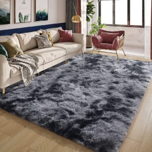 homore soft fluffy rug for bedroom, tie dye rugs for living room, non slip shaggy plush carpet for kids nursery toddler, 4x6 feet area rugs for room floor, dark gray/black