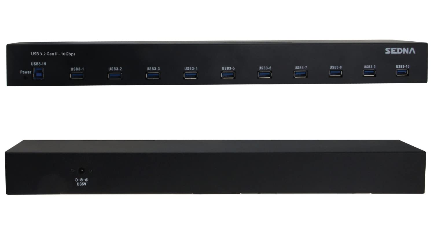 SEDNA - 19 Inch 1U Rack Mount 10 Port USB 3.2 Gen II Hub (10Gbps) with 5V 10A AC/DC Adapter