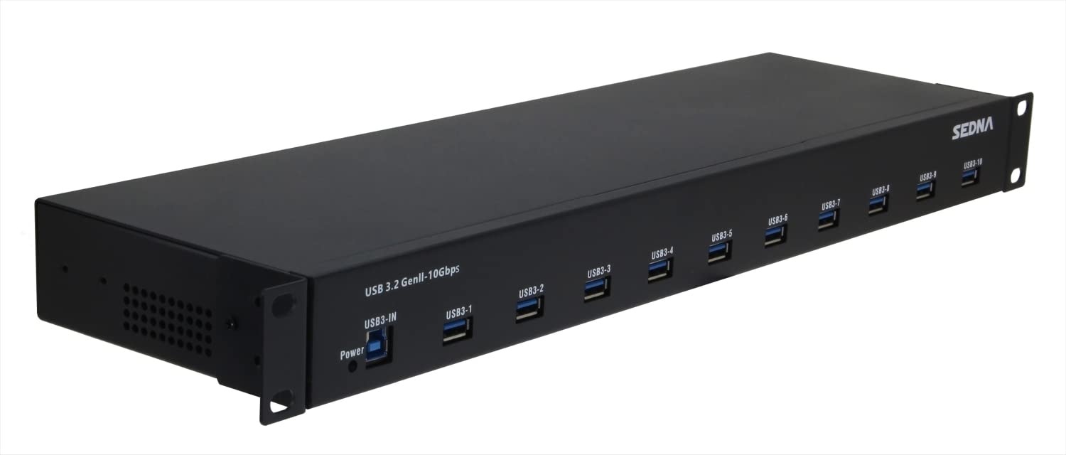 SEDNA - 19 Inch 1U Rack Mount 10 Port USB 3.2 Gen II Hub (10Gbps) with 5V 10A AC/DC Adapter