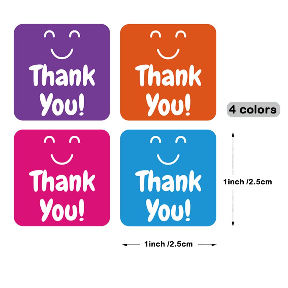 1000 PCS Cute Thank You Stickers for Kids 2 Rolls 4 Colors Square Funny Thank You Labels for Small Business Packaging 1 inch