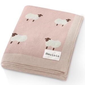 bleu la la luxury knit baby receiving blanket - 100% cotton soft cozy lightweight receiving swaddler crib stroller blanket for shower gift registry for newborns infants toddlers (sheep - light pink)