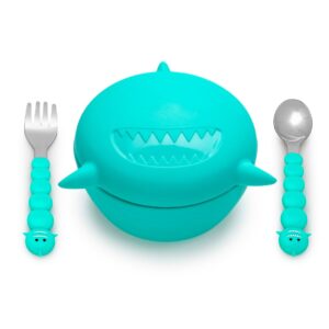 melii silicone bowl with lid & utensils – spoon and fork for baby, toddlers and kids, bpa free, dishwasher & microwave safe (shark)