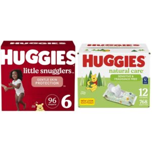 baby diapers and wipes bundle: huggies little snugglers size 6, 96ct & natural care sensitive baby, unscented, hypoallergenic, 12 flip-top packs (768 wipes total)