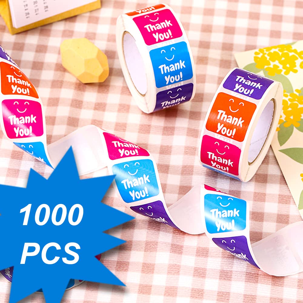 1000 PCS Cute Thank You Stickers for Kids 2 Rolls 4 Colors Square Funny Thank You Labels for Small Business Packaging 1 inch