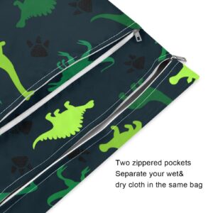 Kigai 2pcs Dinosaur Wet Dry Bags,Waterproof Reusable Cloth Diaper Wet Dry Bags for Travel,Diapers,Dirty Gym Clothes and Toiletries