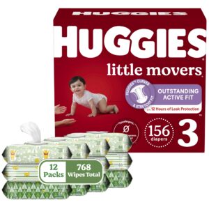 huggies little movers + wipes bundle: huggies little movers baby diapers, size 3 (16-28 lbs), 156 count (6 packs of 26) & huggies natural care sensitive baby wipes, 768 count (12 packs of 64)