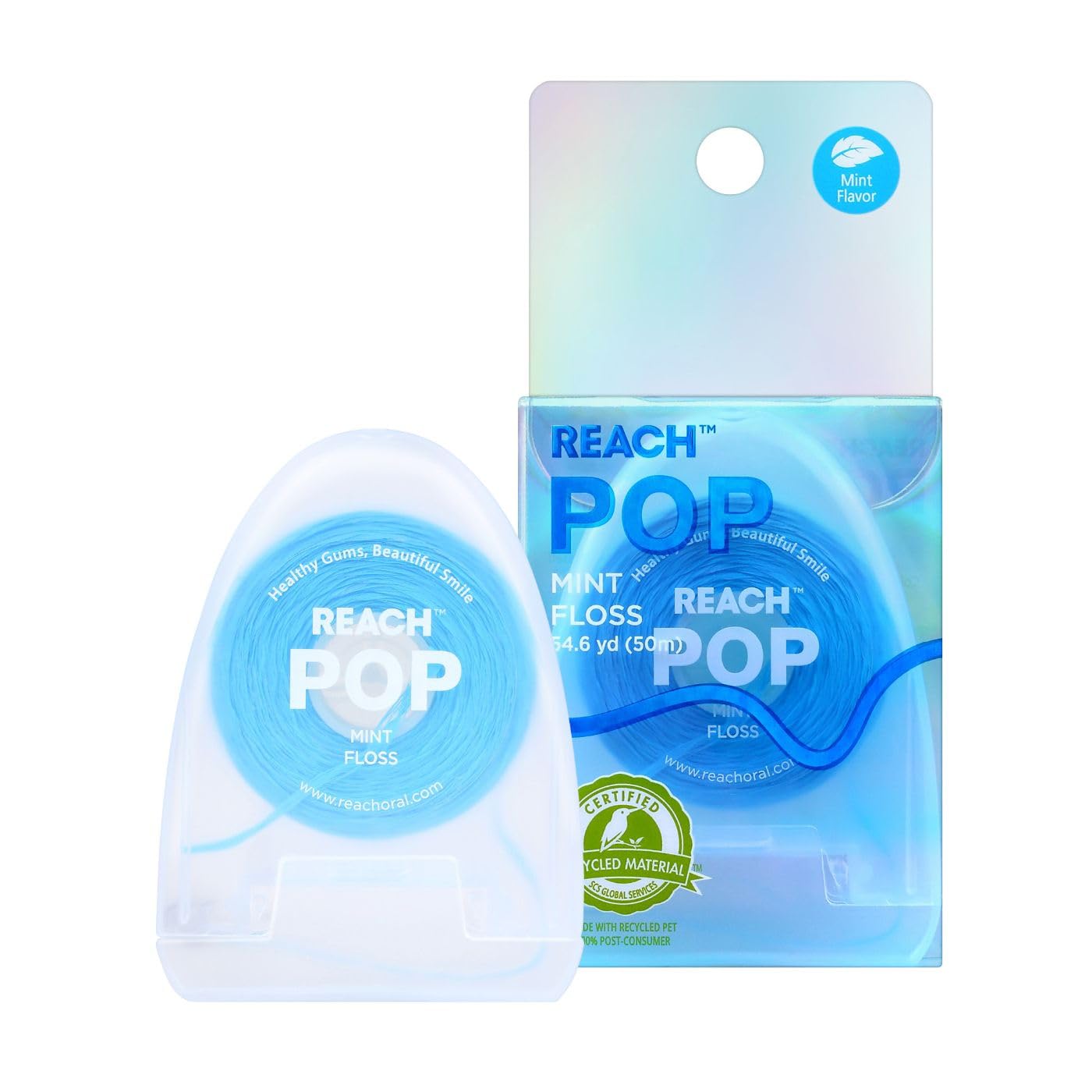 REACH POP Dental Floss, Mint, Vegan Wax, Plaque Remover, PFAS-Free, Shred Resistant, Cruelty Free, Eco Friendly PCR Packaging Holder, Dental Oral Care, for Adults & Kids, 54.6yd, 1 Pack